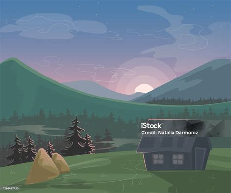 산 풍경 벡터 일러스트 만화 아름다운 여름 아침 또는 저녁 자연 풍경 집 건초 더미와 마을 녹색 자연 농지 필드 0명에 대한 스톡 벡터 아트 및 기타 이미지 Istock