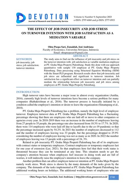 Pdf The Effect Of Job Insecurity And Job Stress On Turnover Intention With Job Satisfaction As
