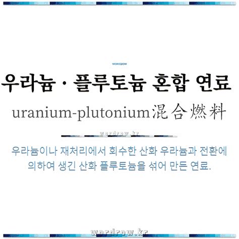 🌟우라늄ㆍ플루토늄 혼합 연료 우라늄이나 재처리에서 회수한 산화 우라늄과 전환에 의하여 생긴 산화 플루토늄 표준국어대사전