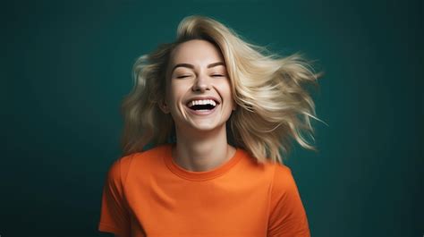 Premium Photo Successful Blonde Woman With Orange Clothes Enjoying