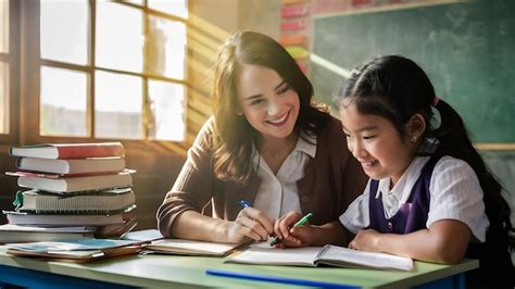 Premium Photo Teacher Helping Girl In Homework