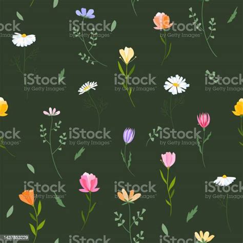 벡터 꽃 이음새가 없는 패턴 잎 야생화 나뭇 가지 꽃꽂이 세트 짙은 녹색 배경에 들판의 풀과 밝은 봄 꽃의 아름다운 구성 0명에 대한 스톡 벡터 아트 및 기타 이미지