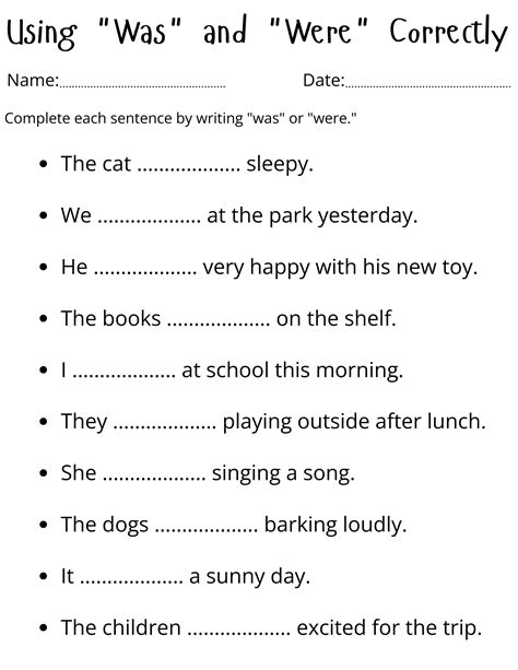 Use Of Was And Were Exercises Worksheets Simple Was Were Use In Sentence Teaching Resources