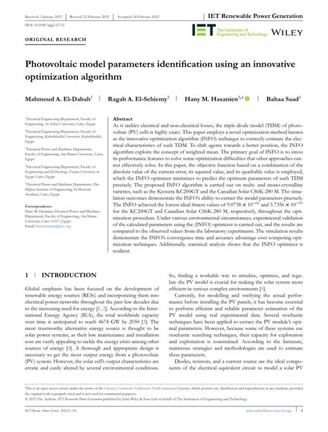 Pdf Photovoltaic Model Parameters Identification Using An Innovative Optimization Algorithm