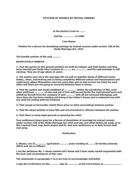 Petition Of Divorce By Mutual Consent Pdf Marriage Divorce