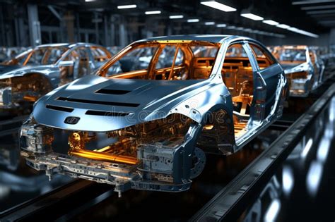 Futuristic 3D Rendering Robot Assembly Line Automating Car Factory