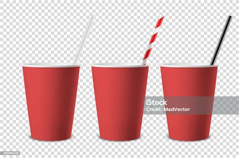벡터 3d 현실적인 빨간 일회용 열린 빈 종이 플라스틱 커피 투명 한 배경에 격리 밀짚 아이콘 설정 닫기 와 음료에 대 한 차