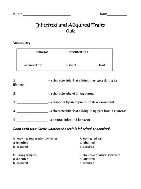 Inherited And Acquired Traits Quiz Pdf Psychology Worksheets