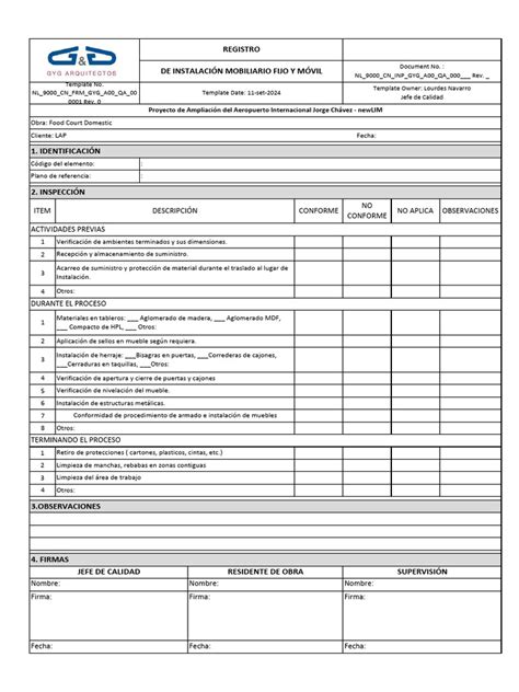 Registro De Instalación De Mobiliario Pdf