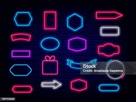 다채로운 네온 프레임 컬렉션 벽돌 벽에 테두리 다른 모양 프레이밍 벡터 스톡 일러스트레이션 0명에 대한 스톡 벡터 아트 및 기타 이미지 Istock