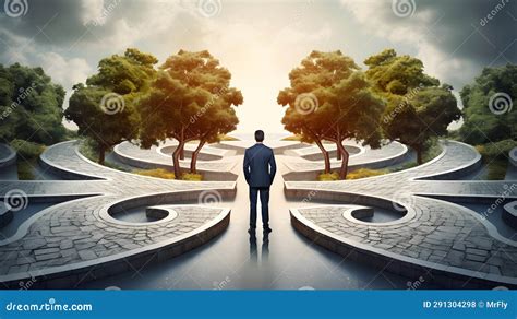 Man Standing At Crossroad Choosing Right Path Choice Concept Generative Ai Stock Illustration
