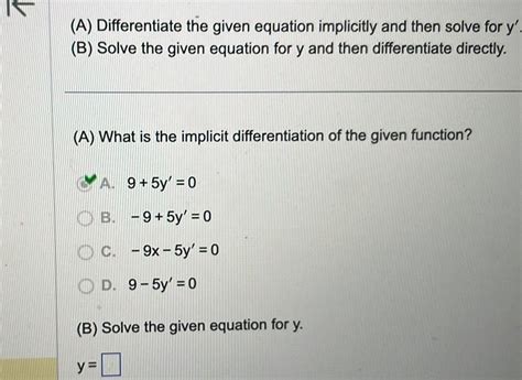 Answered A Differentiate The Given Equation Implicitly And Then Solve Kunduz