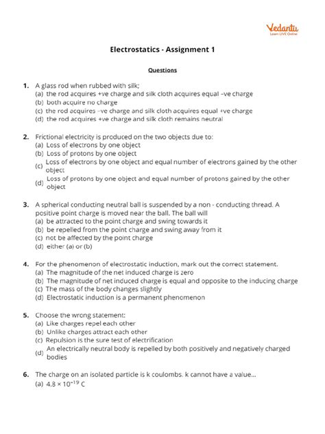 Electrostatics Assignment 1 Pdf