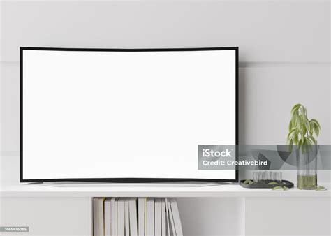 Tv 모형 빈 흰색 화면이 있는 Led Tv 사이드보드에 서 있습니다 광고 영화 앱 프레젠테이션을 위한 공간을 복사합니다 디자인을 위해 준비된 빈 텔레비전 화면 현대적인