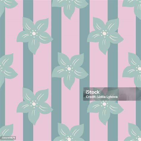 회색 열대 꽃 장식으로 옅은 색조의 매끄러운 패턴 분홍색 줄무늬 배경 심플한 스타일의 아트워크 0명에 대한 스톡 벡터 아트 및