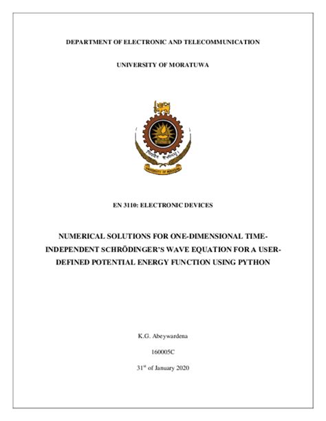 Pdf Numerical Solutions For One Dimensional Time Independent SchrÖdingers Wave Equation For