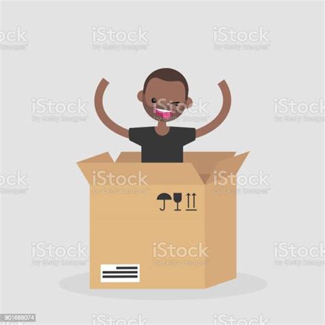 젊은 명랑 캐릭터 골 판지 상자 밖으로 점프 배달 서비스입니다 개념입니다 평면 편집 가능한 벡터 일러스트 레이 션 클립 아트