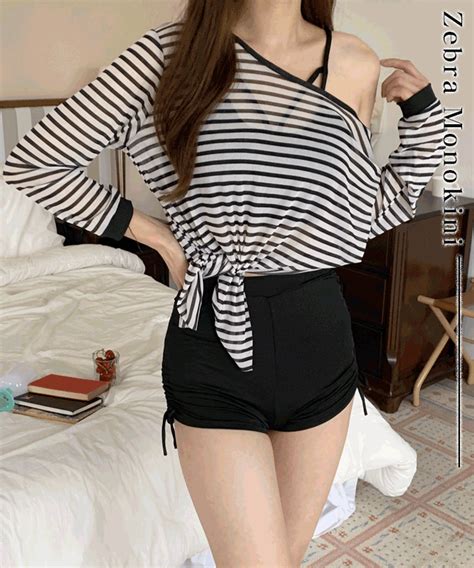 🖤시선집중 3피스🖤 지브라 시스루 스트라이프 셔링 비키니 모노키니 커버업 살안타템 군살커버 몸매보정 워터파크 흠뻑쇼 바캉스 Db~020 에이블리