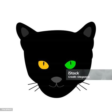여러 가지 빛깔의 반짝이는 눈을 가진 검은 고양이의 머리 녹색과 주황색 검은색에 대한 스톡 벡터 아트 및 기타 이미지 검은색 고양이 새끼 귀여운 Istock
