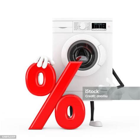 레드 리테일 퍼센트 세일 또는 할인 표지판이 있는 현대 화이트 세탁기 캐릭터 마스코트 3d 렌더링 가사 집안일에 대한 스톡 사진 및 기타 이미지 Istock