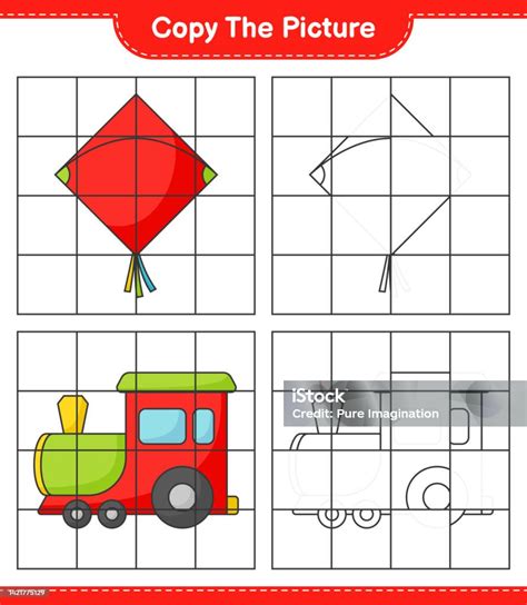 그림을 복사하고 격자선을 사용하여 연과 기차의 그림을 복사하십시오 교육 어린이 게임 인쇄 가능한 워크 시트 벡터 일러스트 레이