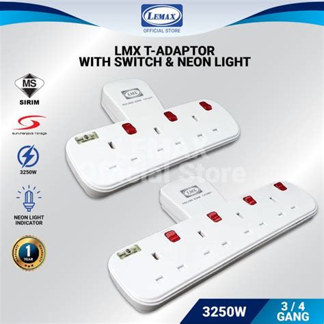 [sirim] Lmx 3 And 4 Gang T Adaptor With Switch And Neon Light Wireless Tidy Trailing Socket Adaptor