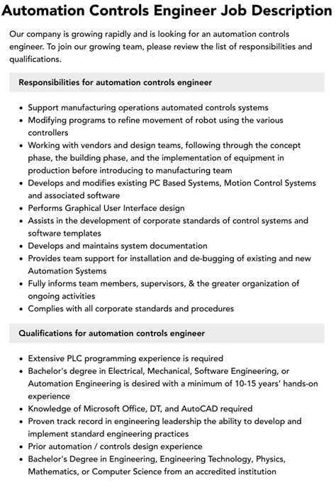 Automation Controls Engineer Job Description Velvet Jobs
