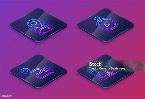 위치 마커 경로 위치 나침반 및 도시 지도 탐색의 인포그래픽이 있는 접힌 지도를 등각투영 선으로 설정합니다 파란색 사각형 버튼입니다 벡터 3차원 형태에 대한 스톡 벡터 아트