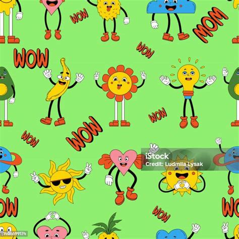 복고풍 환각적인 이음새가 없는 패턴 그루비한 배경 벡터 히피 패턴 70 년대 80 년대 분위기 그루비 요소 재미있는 만화 캐릭터