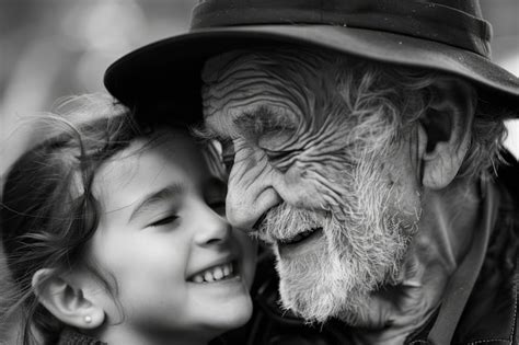 손자와 함께 할아버지의 흑백 초상화 무료 사진