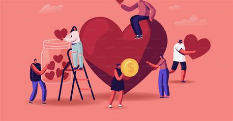 자원 봉사 자선 지원 개념 기부 항아리에 하트를 모으는 작은 자원 봉사자 캐릭터 사회적 인식을 위한 캠페인 지원 관대 한