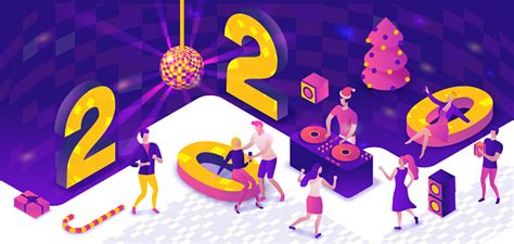 새해 파티 3d 아이소메트릭 일러스트레이션 Dj 재생 클럽 디스코 음악 사람들이 춤추는 크리스마스 트리 선물 휴일 포스터 밤