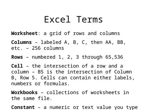 ppt excel terms worksheet a grid of rows and columns columns