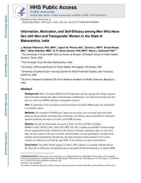 Pdf Information Motivation And Self Efficacy Among Men Who Have Sex With Men And Transgender