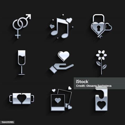 손에 하트 설정 두 개의 공백 사진 프레임 하트 꽃 커피 컵 유리 샴페인 모양 키 및 성별 아이콘의 성으로 방해하지 마십시오 벡터 검은색에 대한 스톡 벡터 아트 및 기타