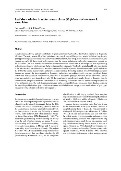 Pdf Leaf Size Variation In Subterranean Clover Trifolium