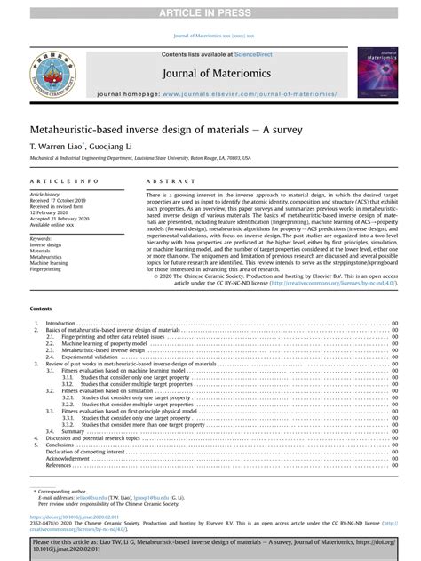 Pdf Metaheuristic Based Inverse Design Of Materials A Survey