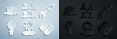 내부에 기어 로켓 선박 화재 전구 및 체크 마크 퍼즐 조각 프로젝트 팀 베이스와 사용자 그룹 아이콘으로 인간을 설정합니다 벡터 3차원 형태에 대한 스톡 벡터 아트 및 기타