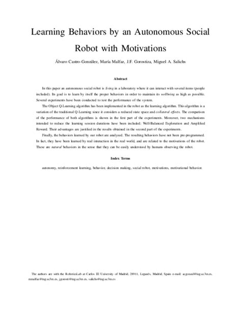 Pdf Learning Behaviors By An Autonomous Social Robot With Motivations Álvaro González