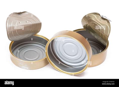 Three Opened Empty Tin Cans Isolated On White Background Clean Used Aluminum Cans Isolation