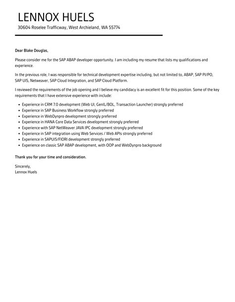 SAP ABAP Developer Cover Letter Velvet Jobs
