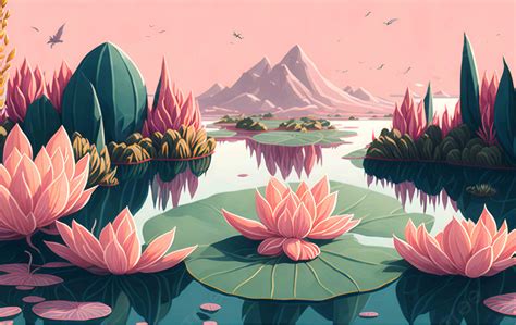 연꽃이 있는 아름다운 호수 전망의 그림 로터스 호수 연꽃 물 배경 일러스트 및 사진 무료 다운로드 Pngtree