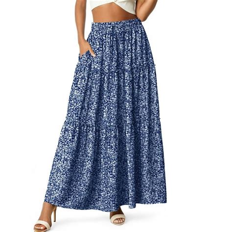 Cueply Womens Flowy Long Maxi Skirt Pleated Elastic High Waist
