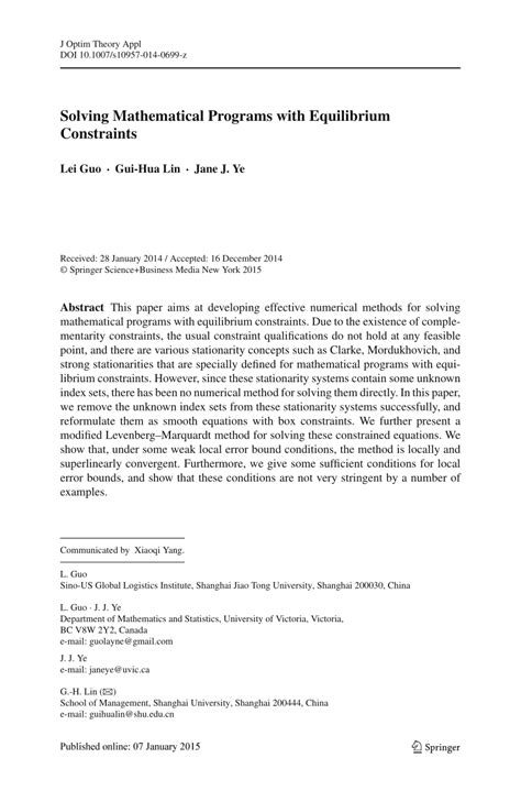Pdf Solving Mathematical Programs With Equilibrium Constraints