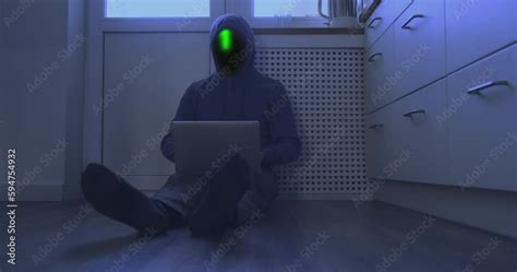 Unrecognizable Hacker Work At Computer Sitting On Floor Binary Green Glowing Code Hides The