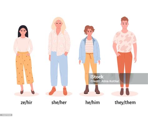 성별 대명사를 가진 사람들 그녀 그 그들 논바이너리 성 중립 운동 Lgbtq 커뮤니티 손으로 그린 벡터 일러스트 레이 션
