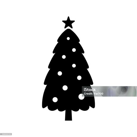 장식 된 크리스마스 트리 아이콘입니다 블랙 실루엣 전면 View 벡터 간단 평면 그래픽 Illustration 흰색 배경에 고립된 개체입니다 격리 가문비나무에 대한 스톡