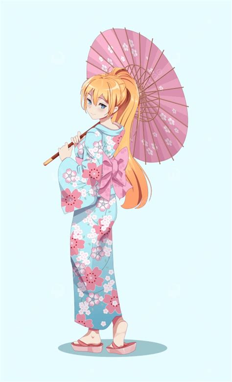 Anime Manga Girls In Traditional Japanese Kimono Costume Holding Paper