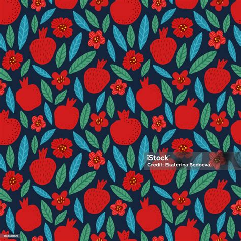 석류 꽃과 어두운 배경에 나뭇잎의 원활한 밝은 화려한 꽃 패턴 섬유 제조 직물 등에 적합 합니다 0명에 대한 스톡 벡터 아트 및 기타 이미지 Istock