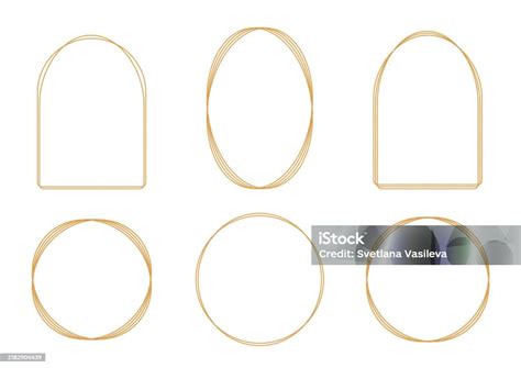 흰색 배경에 윤곽선 골드 프레임 세트입니다 아치 둥근 결혼식 초대장 그랜드 오프닝 인사말 카드 증명서를 위한 타원 장식적인 성분 벡터 일러스트 레이 션 0명에 대한 스톡